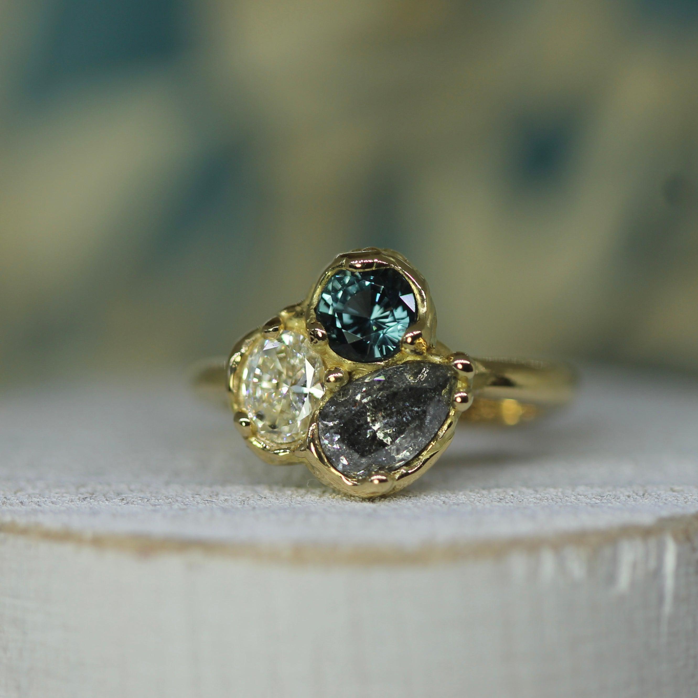 18k Yellow Gold with Sapphire, Salt & Pepper Diamond & Diamond – Emma ...